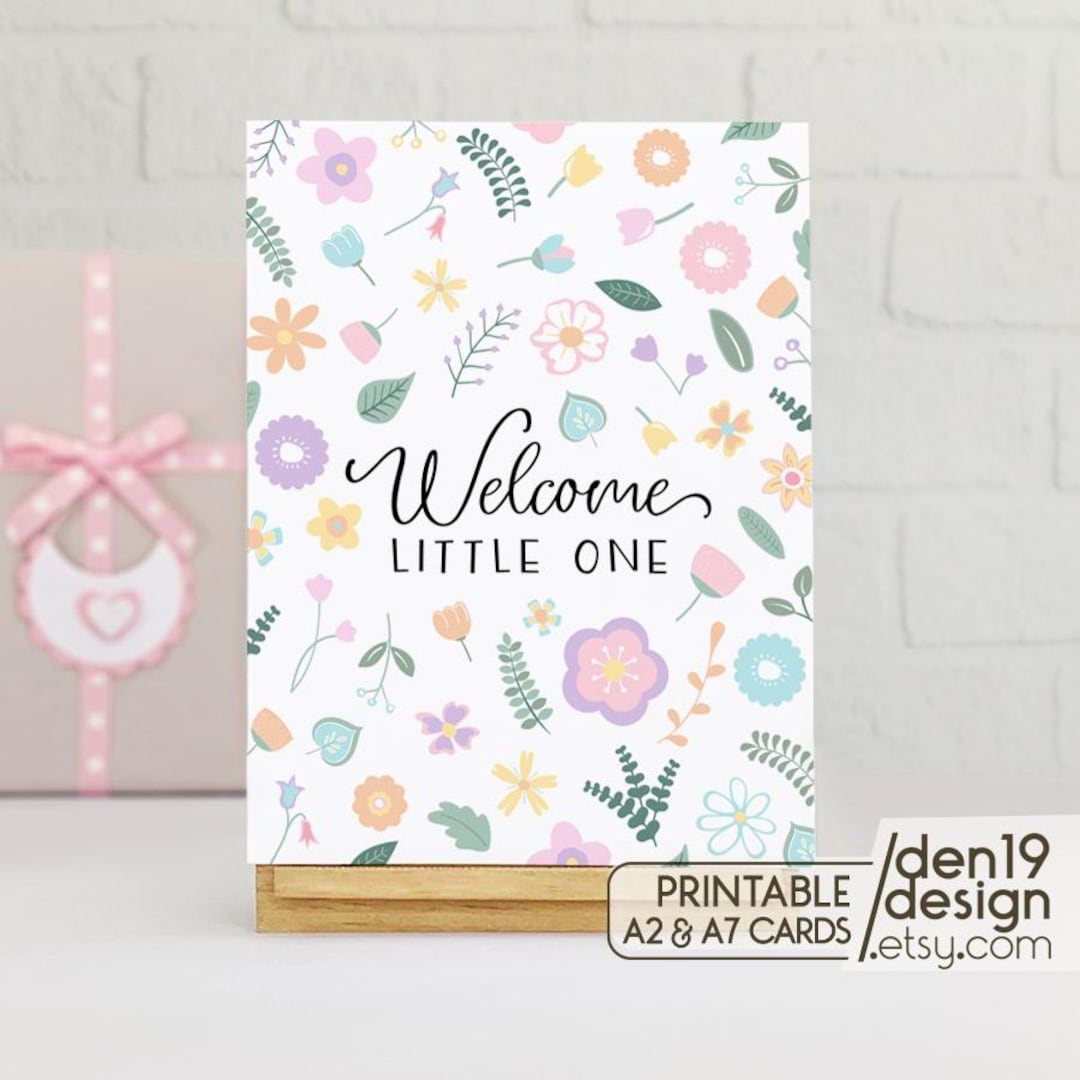 Welcome Little One Printable Card / Pastel Flowers Baby Card Template ...