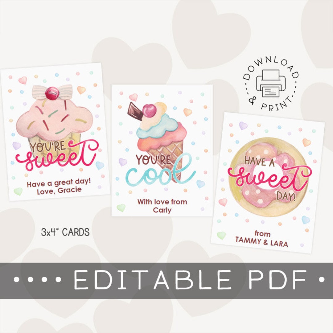 Editable & Printable 3x4 Cards / Kids Valentine's Day Cards / Classroom ...