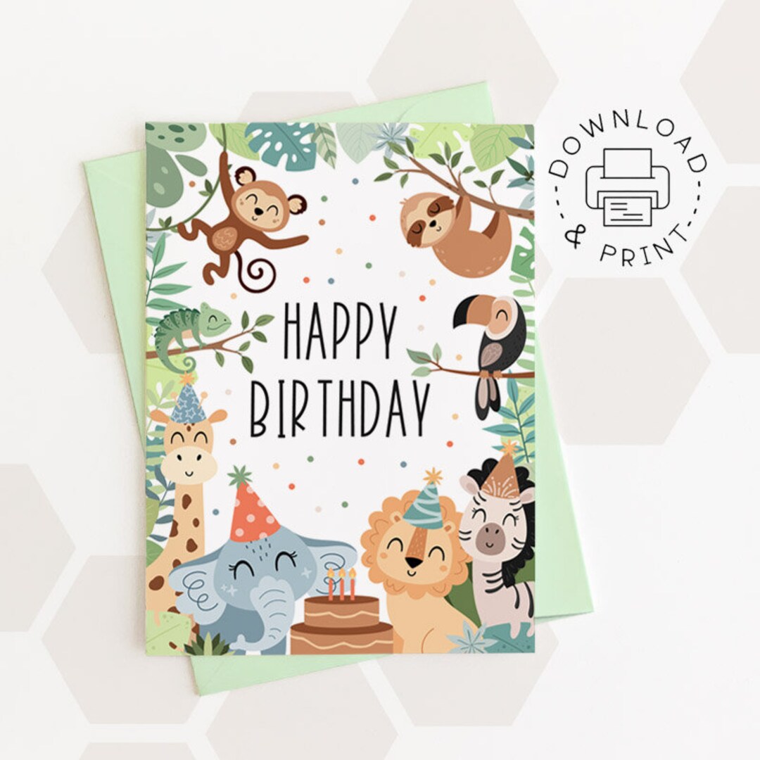 Happy Birthday Printable Card / Jungle Animals Instant Download PDF - Etsy