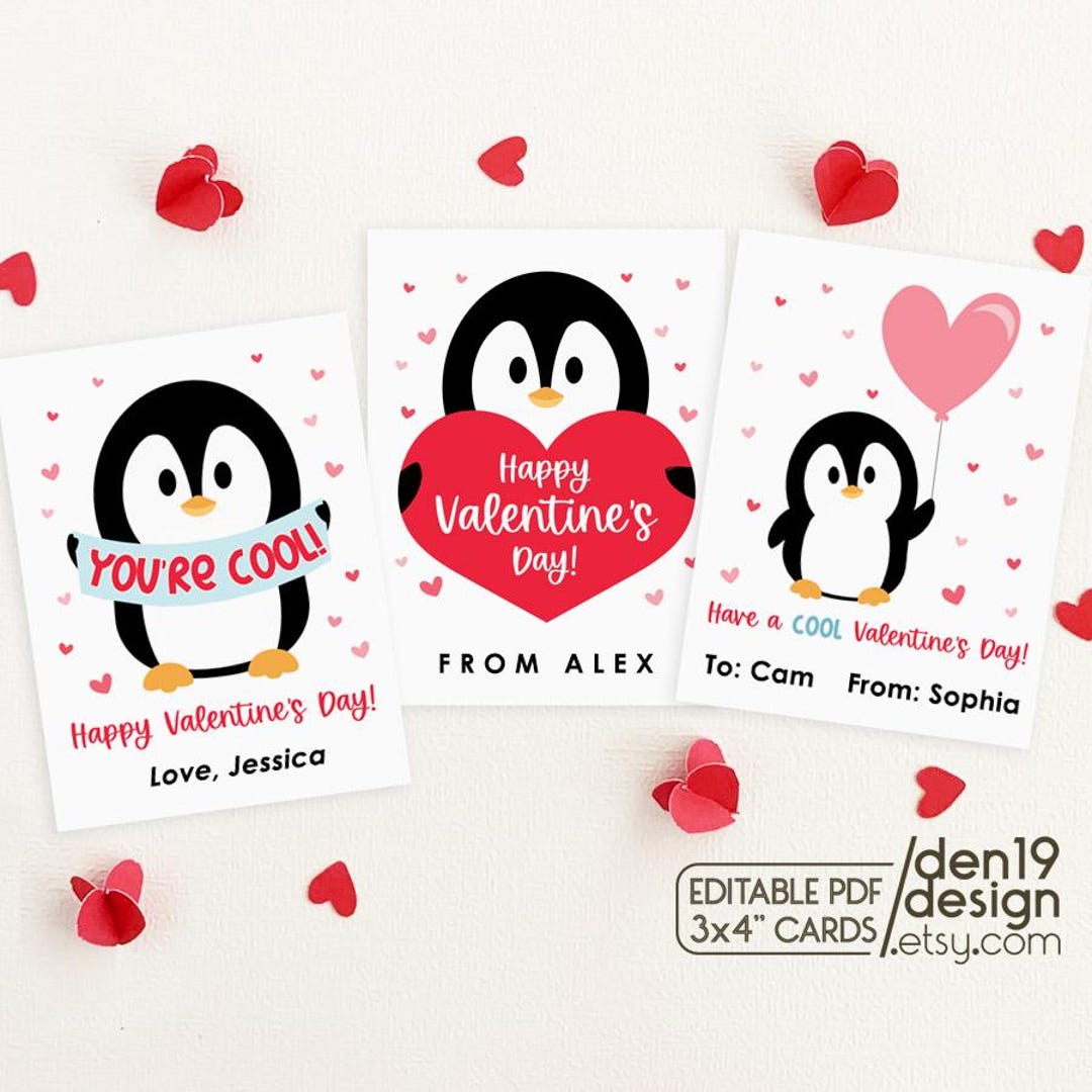 Editable & Printable 3x4" Cards / Kids Valentine's Day Cards / Penguin ...