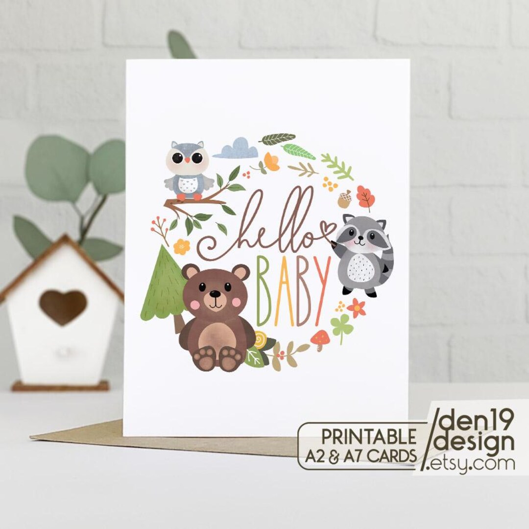 Hello Baby Printable Card / Forest Animals Baby Card Template / Instant ...