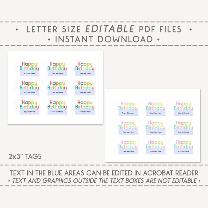 Editable Happy Birthday Gift Tags: Printable PDF Labels - Etsy