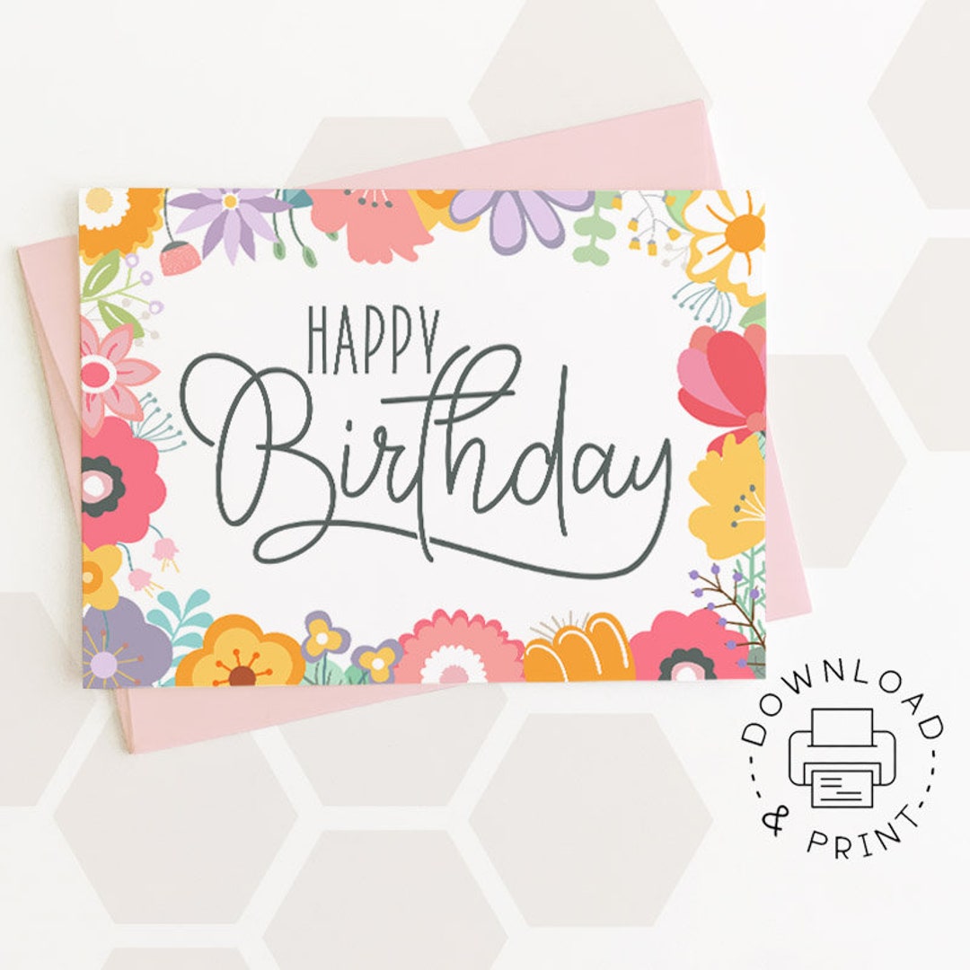 Happy Birthday Printable Card / Pink and Blue Floral Card / Instant ...