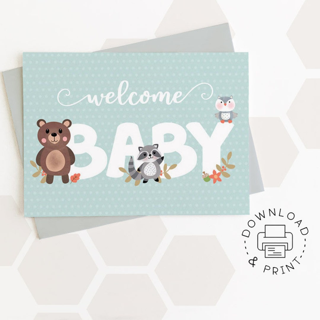 Welcome Baby Printable Card / Forest Animals Baby Card / - Etsy
