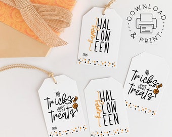 No Tricks Just Treats Tag, Printable Happy Halloween Favor Tags, Simple ...