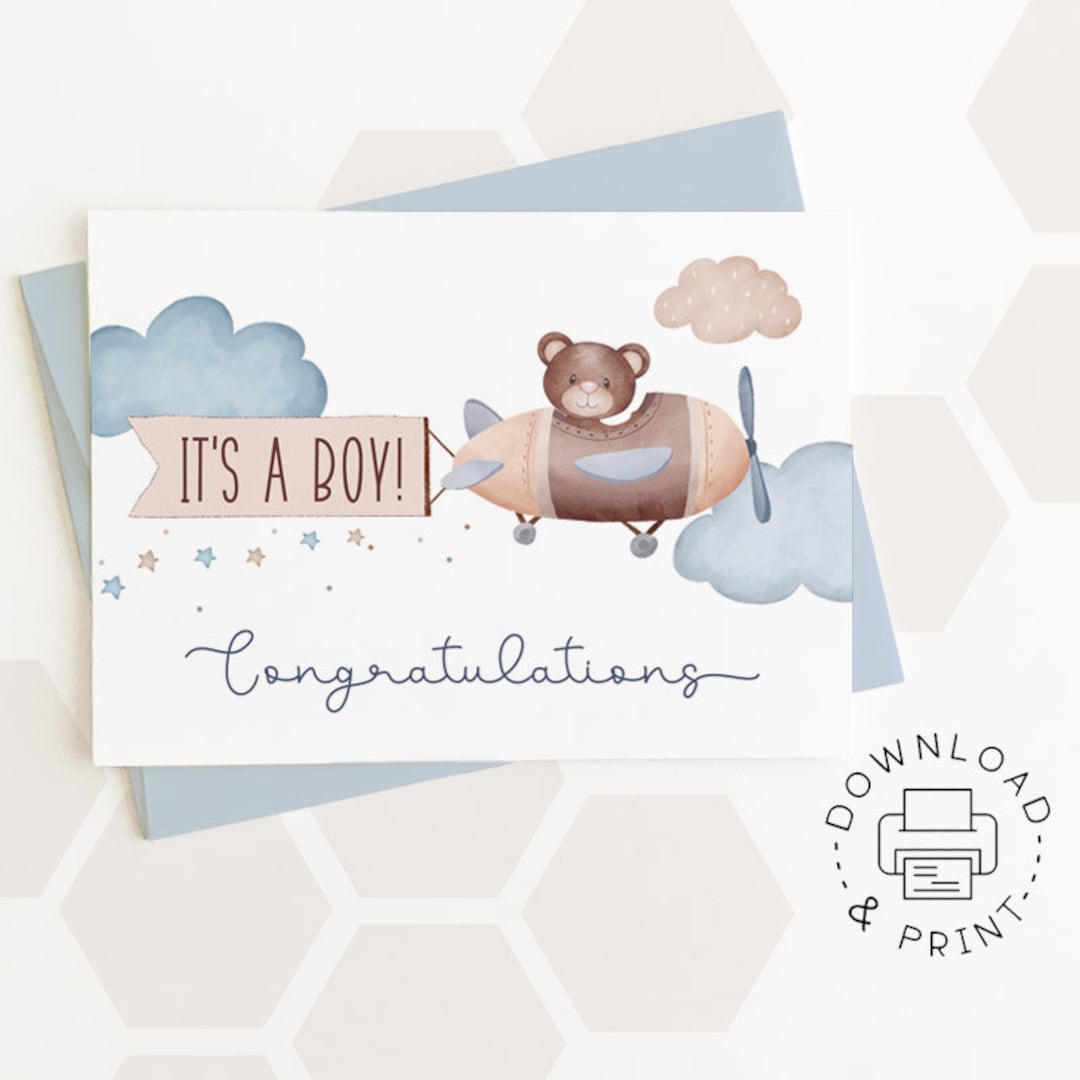 It's A Boy Congratulations Printable Card / Bear on Airplane Baby Card ...