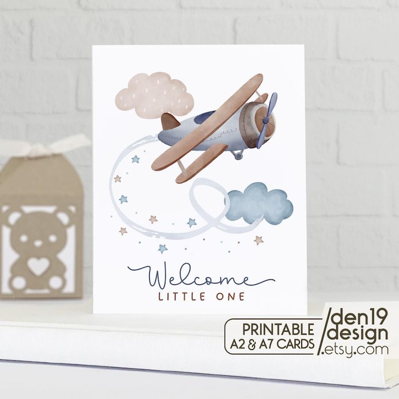 Printable Welcome Little One Card / Vintage Airplane Baby Card Template ...
