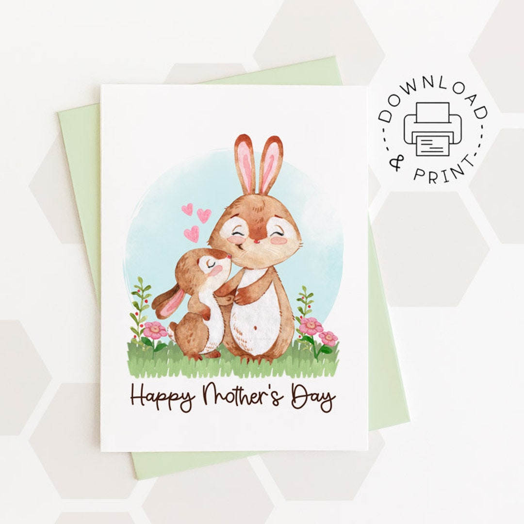 Happy Mother's Day Printable Card / Cute Bunny and Mom Card Template ...