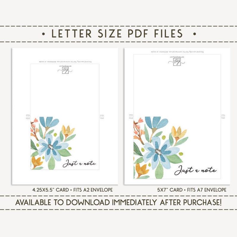 Just A Note Printable Card / Instant Download PDF / Watercolor Floral ...