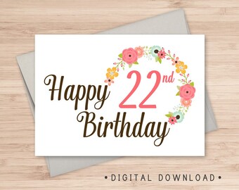 Printable 22nd Birthday Card | Etsy