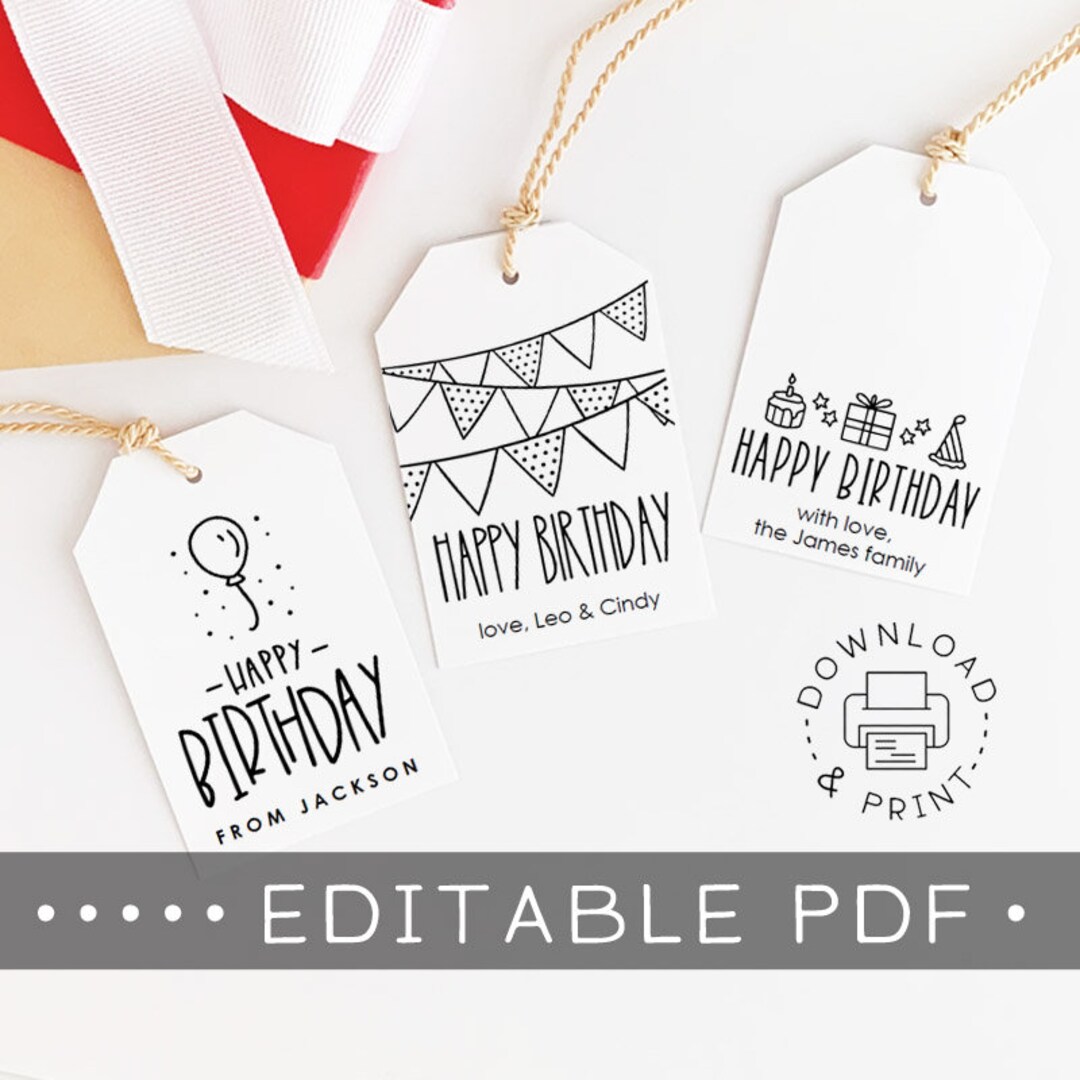 Editable & Printable Gift Tags / Minimal Happy Birthday Tag Template ...