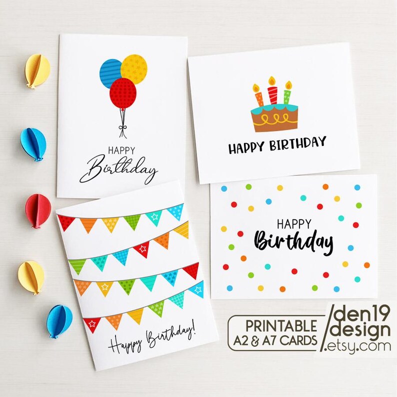 Printable Birthday Cards: Balloons, Cake, Bunting (PDF) - Etsy