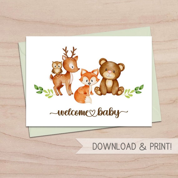 Welcome Baby Printable Card / Forest Animals Baby Card / - Etsy