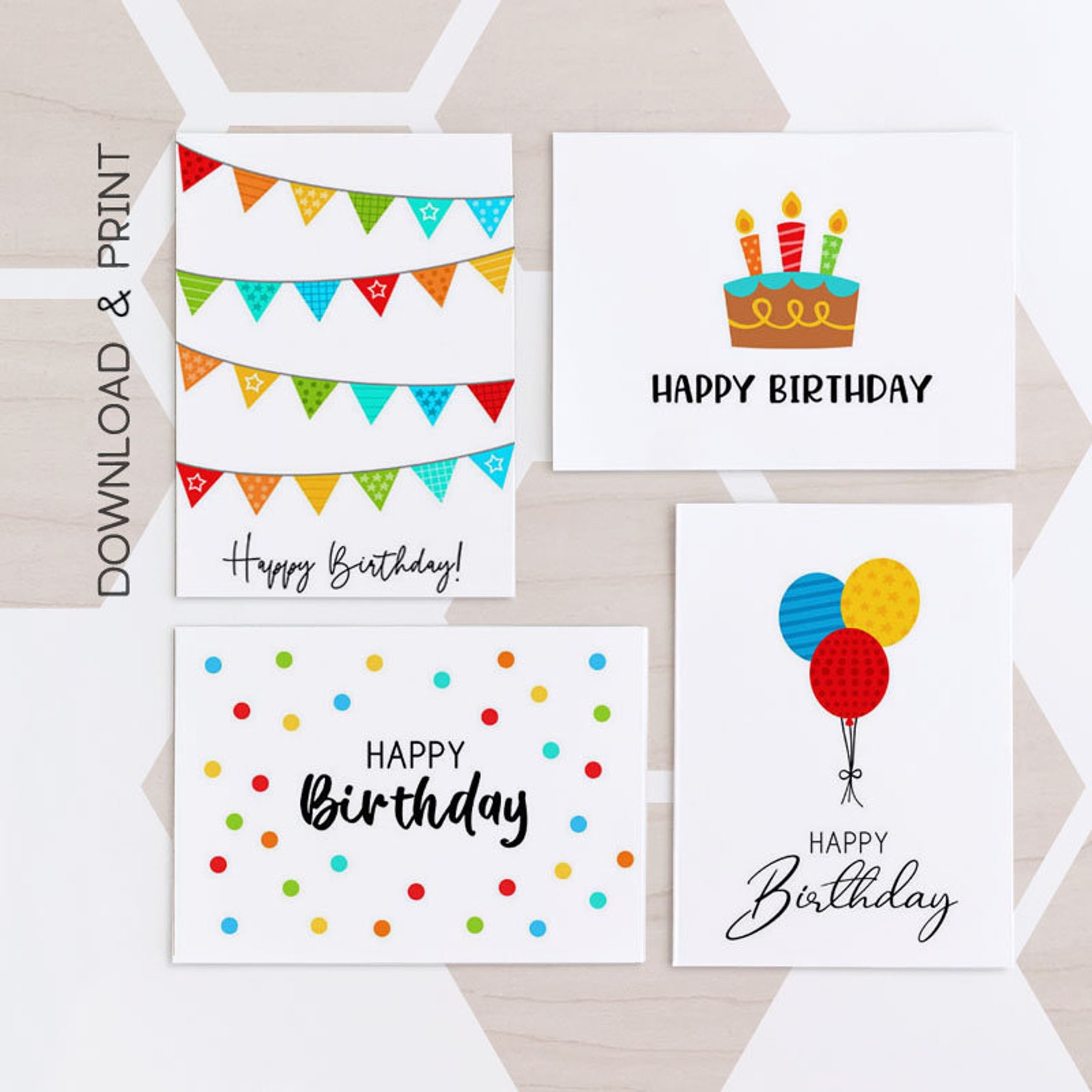 Set of 4 Printable Birthday Cards / Happy Birthday Card / - Etsy
