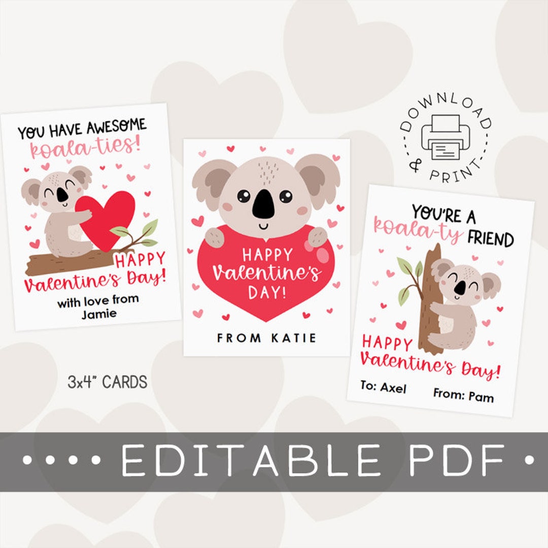 Editable & Printable 3x4 Cards / Kids Valentine's Day Cards / Koala ...
