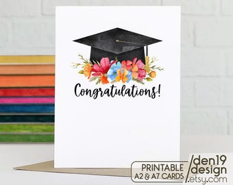 Pink Graduation Cap Floral Congratulations Card Download PDF, Printable ...