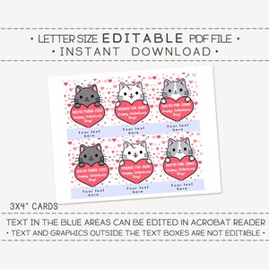 Editable & Printable 3x4 Cards / Kids Valentine's Day Cards / Cat ...
