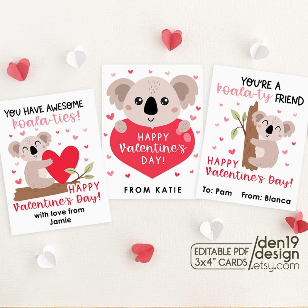 Editable & Printable 3x4" Cards / Kids Valentine's Day Cards / Koala ...