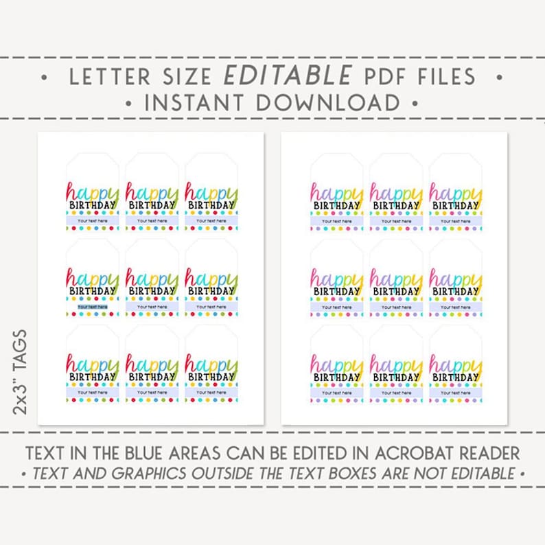 Editable Happy Birthday Gift Tags: Printable Colorful Labels (PDF) - Etsy