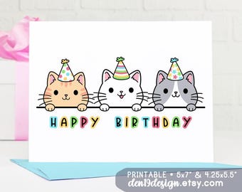 Cat Birthday Card Happy Birthday Printable Card Instant Download PDF ...