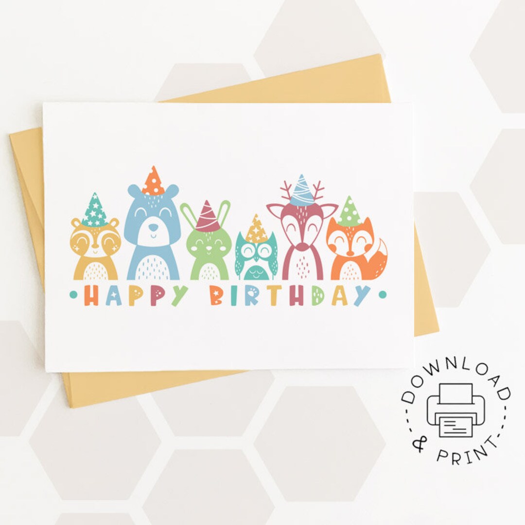 Happy Birthday Printable Card / Forest Animals Instant Download PDF - Etsy