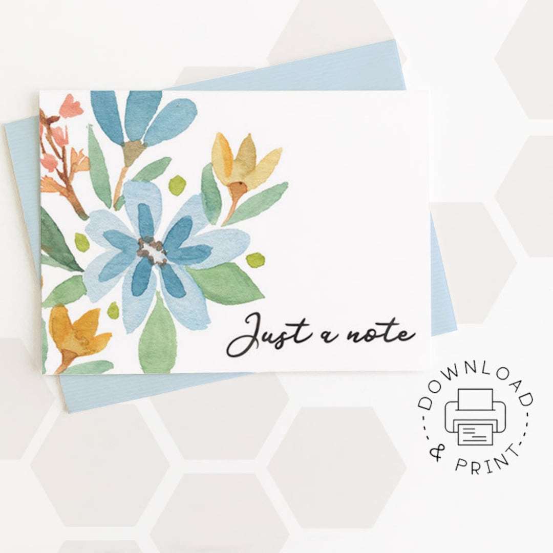 Just A Note Printable Card / Instant Download PDF / Watercolor Floral ...