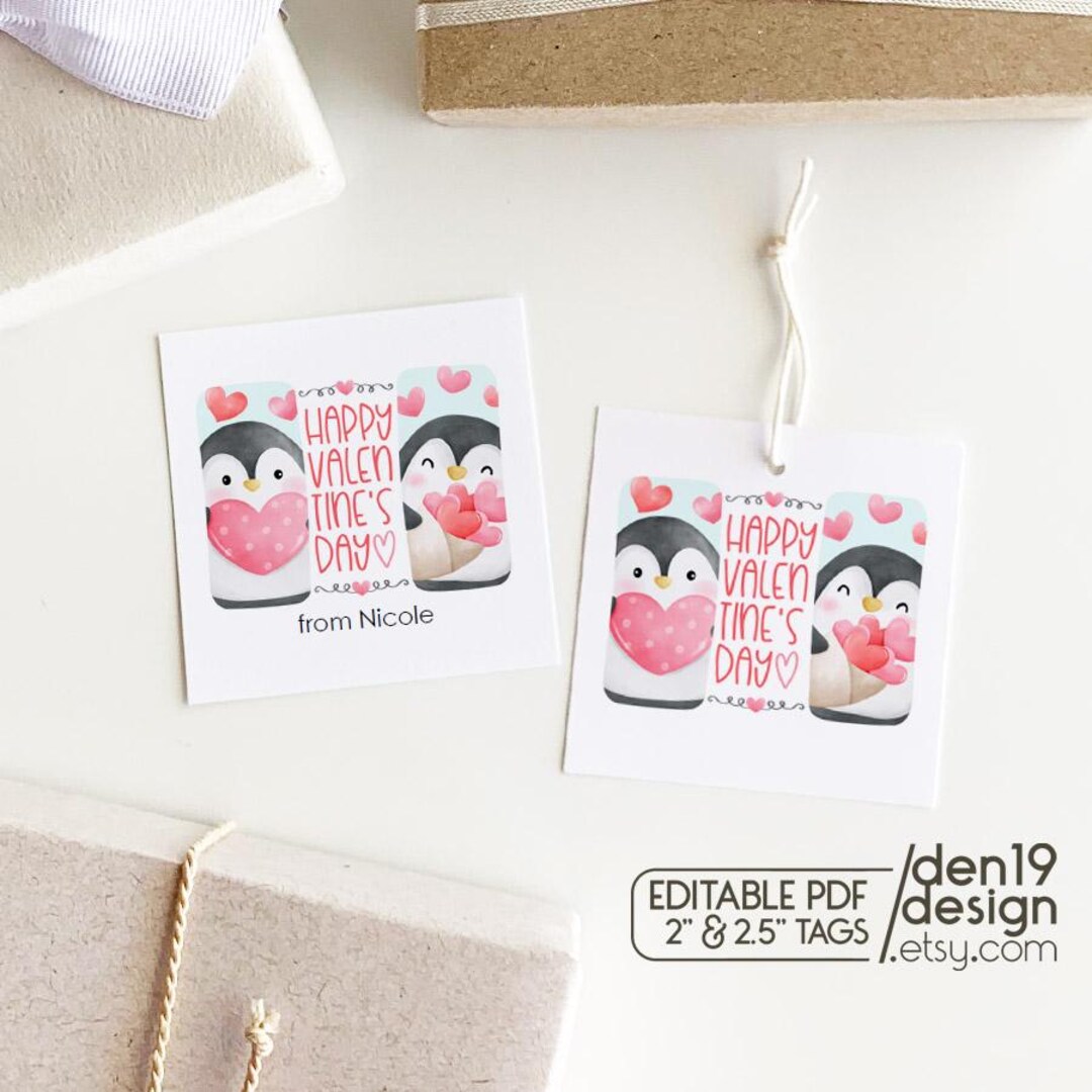 Editable & Printable Gift Tags / Penguin Happy Valentine's Day Tag ...