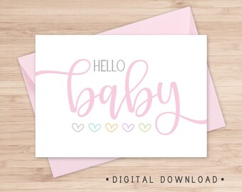 Hello Baby Printable Card / Instant Download PDF / Pink New | Etsy