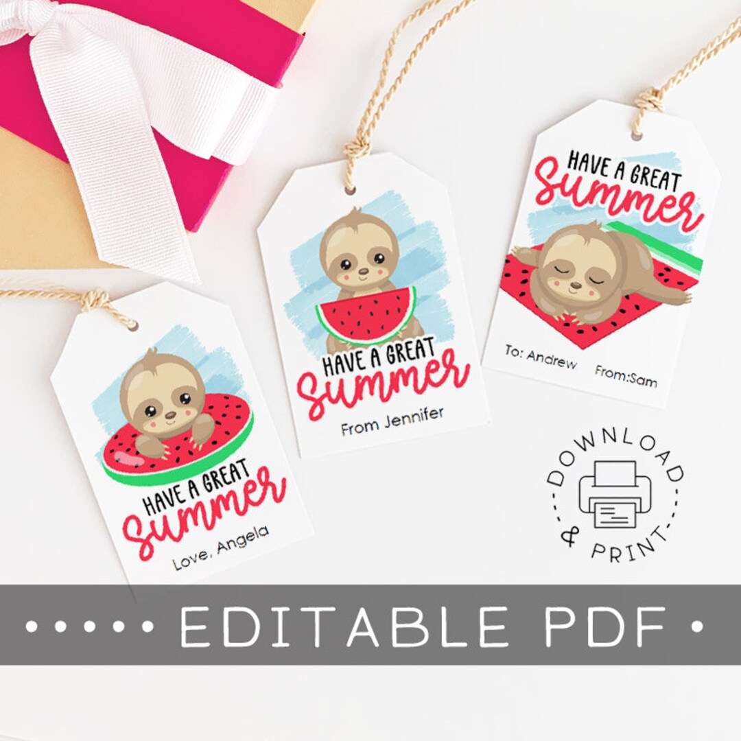 Editable & Printable Gift Tags / Have A Great Summer / Sloth - Etsy