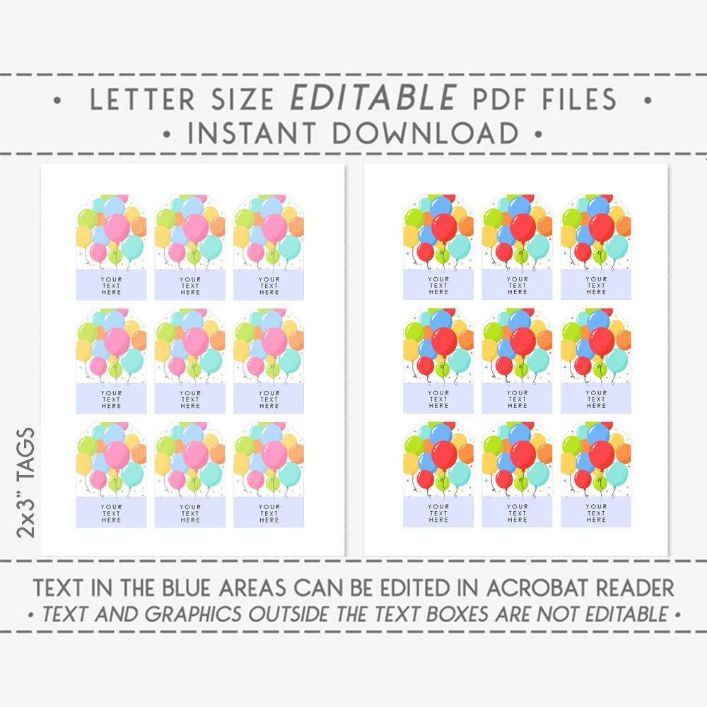 Editable Balloon Gift Tags: Printable Favor Tags (PDF) - Etsy