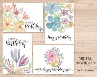 Set of 4 Printable Birthday Cards / Happy Birthday Card / | Etsy