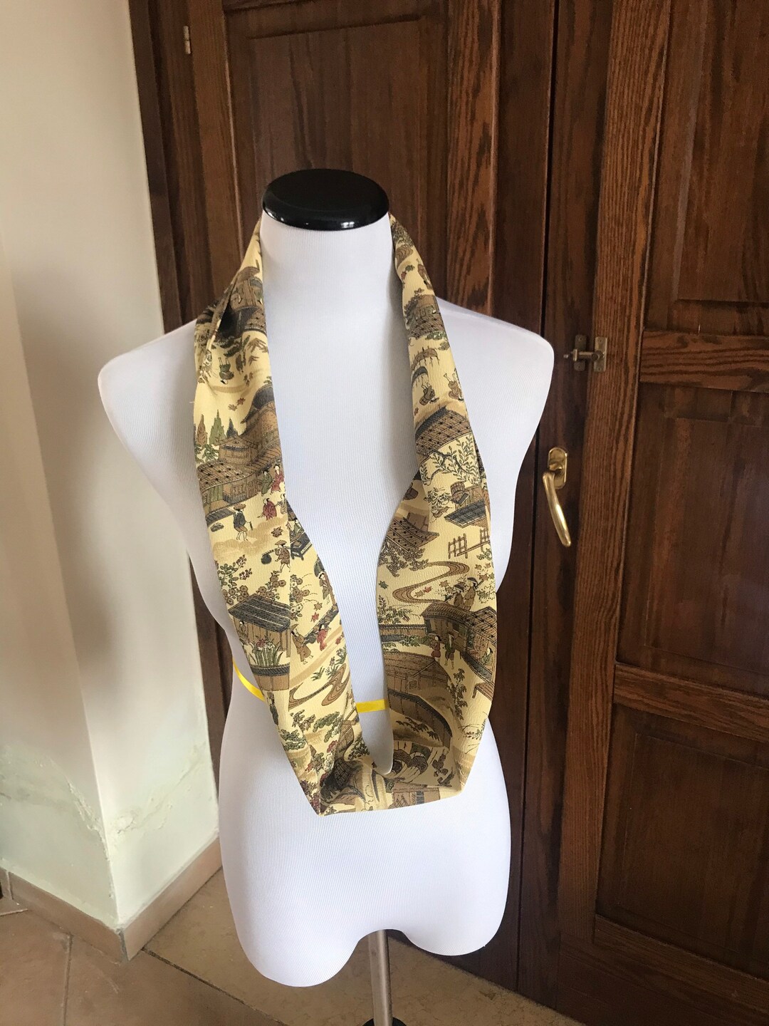 Japanese Ancient Village Scene Infinity Scarf, Upcycled Silk Kimono ...