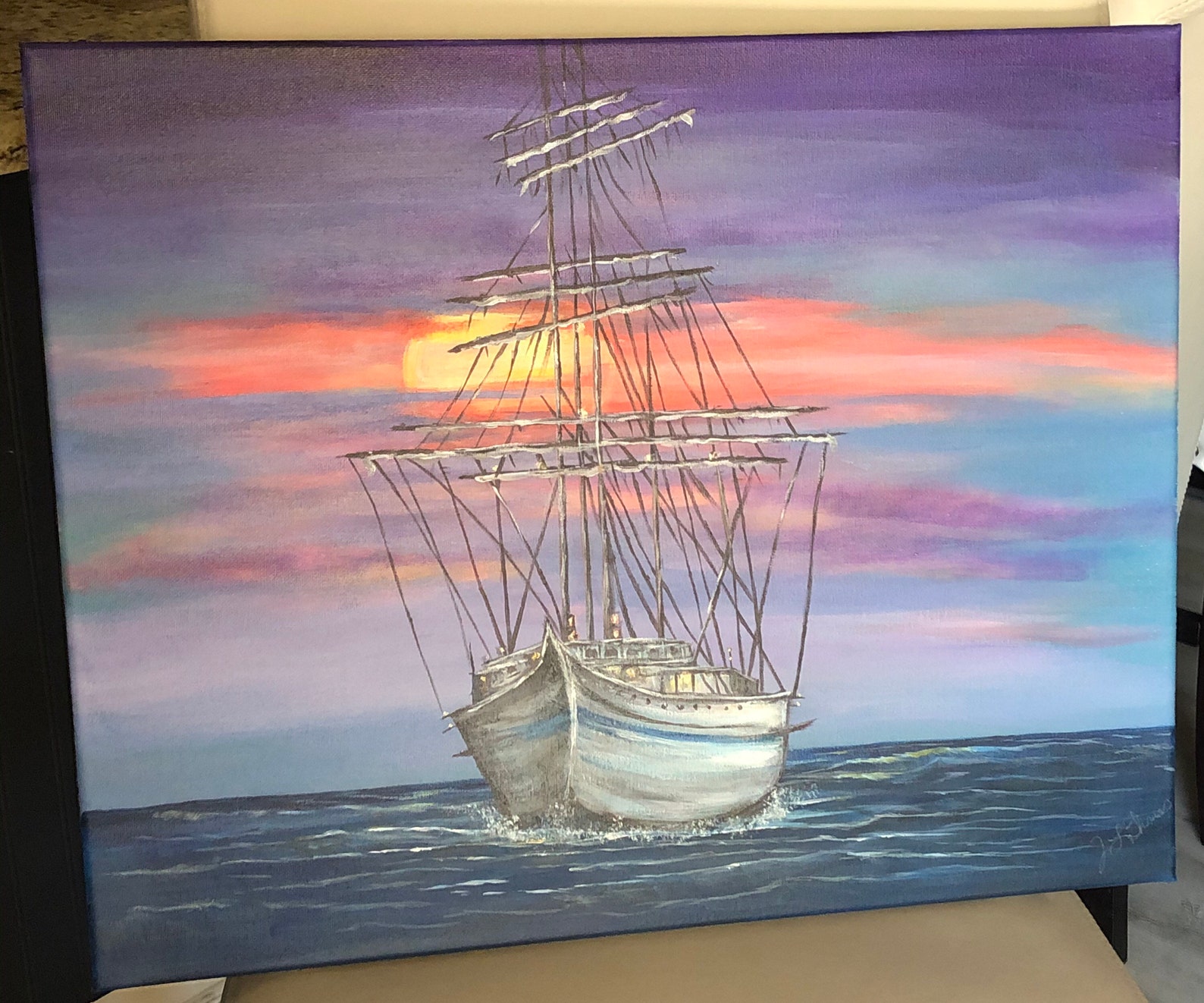 Ship In Sunset Acrylic Painting Etsy