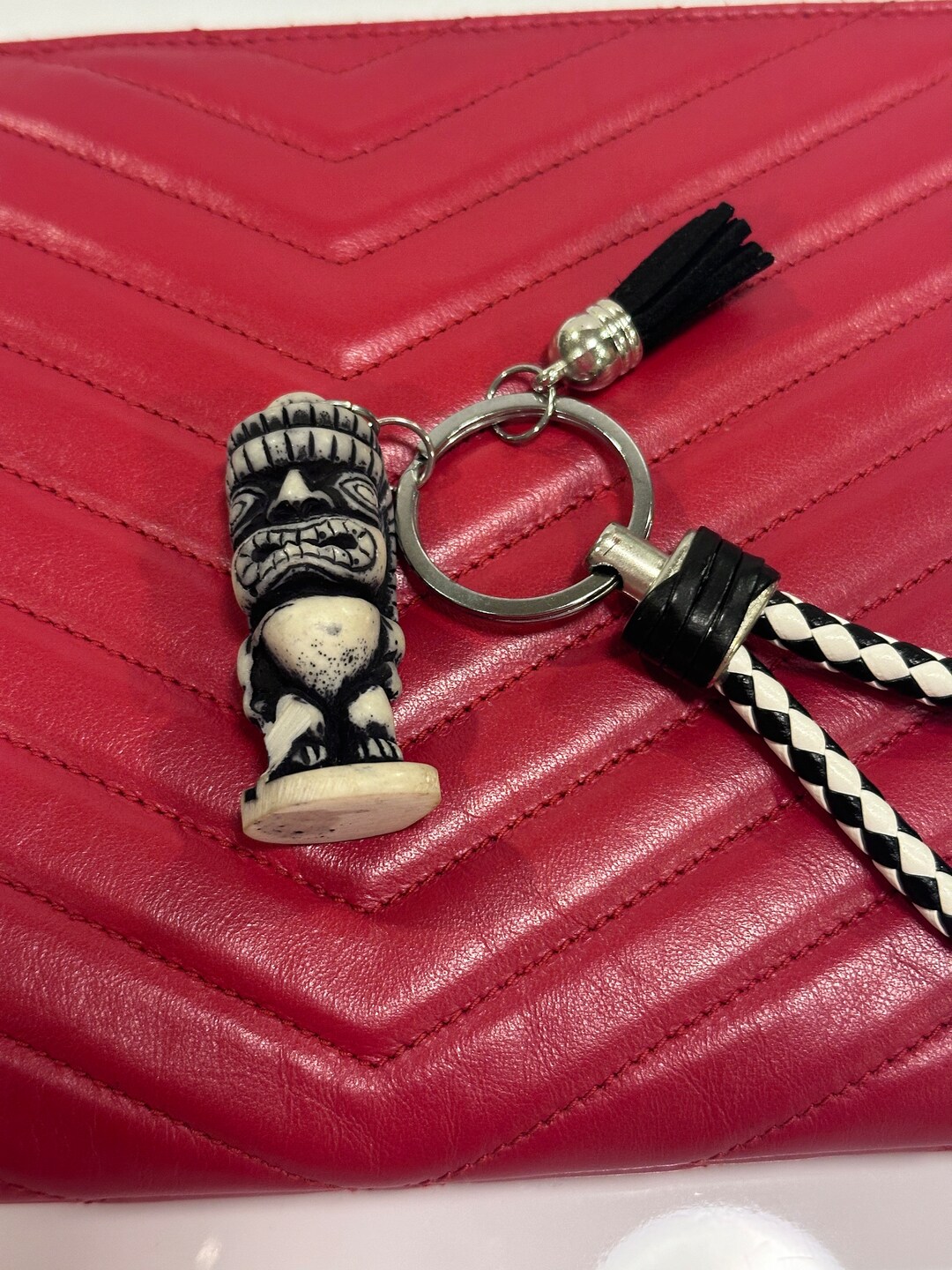 Resin Tiki God Keychain With Tassel and Black and White Leather Wrist ...