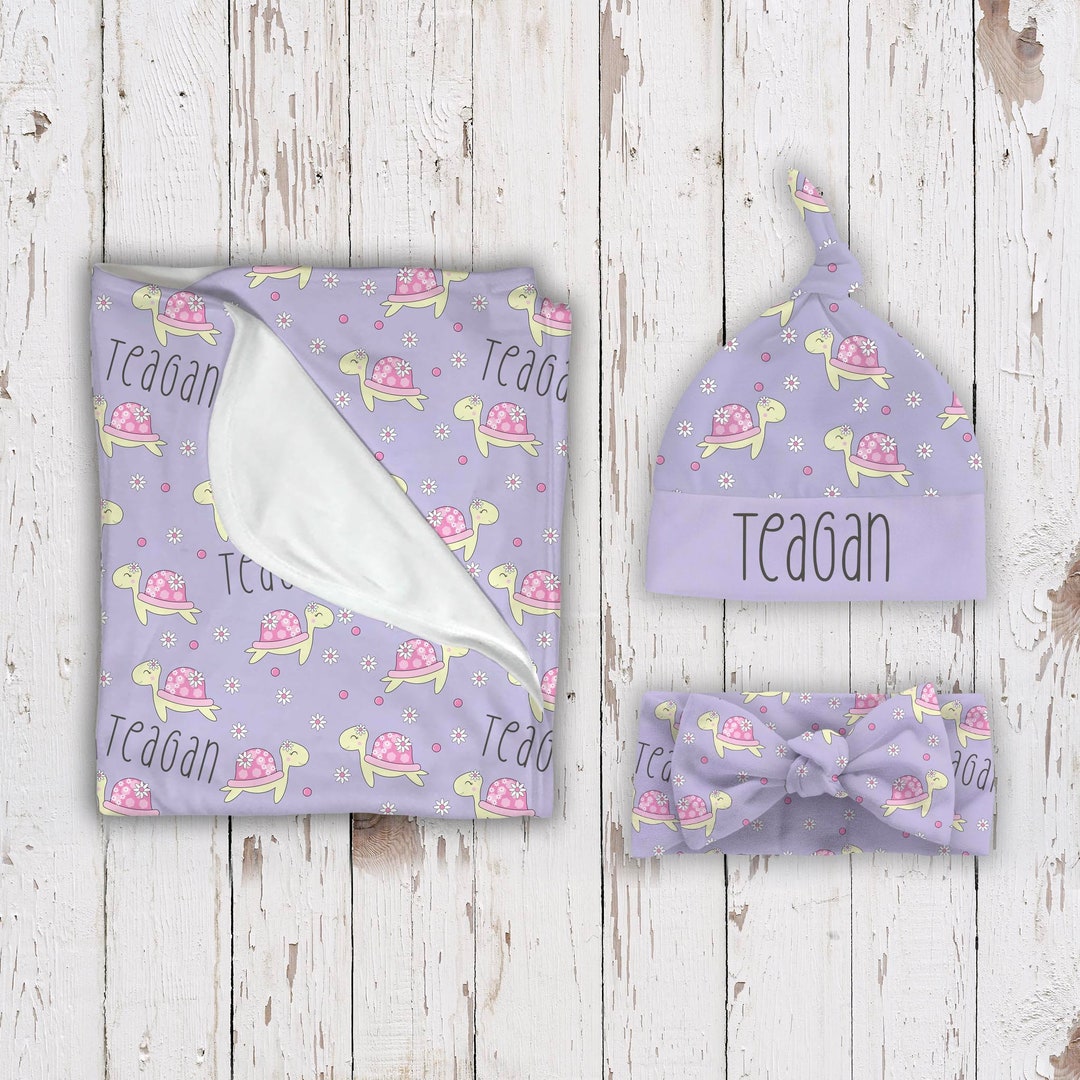 Personalized Baby Girl Sea Turtles Swaddle Blanket Set, Custom Name Ocean Animals Headband ...