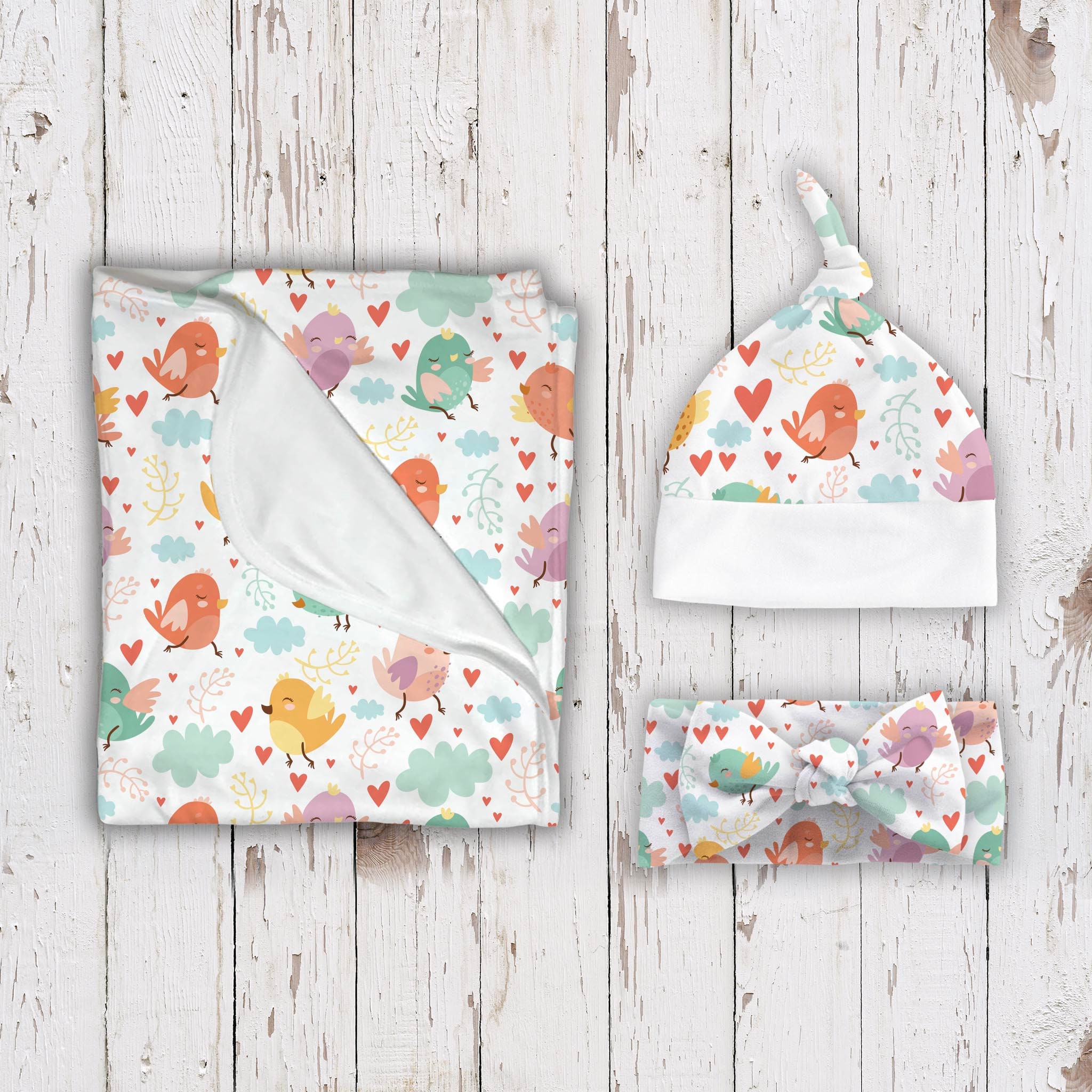 Cute Colorful Birds Swaddle Receiving Blanket Set, Baby Girl Clouds ...