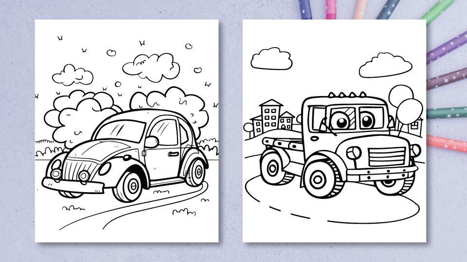 Vehicle Coloring Book Pages for Boys - Cute Cars, Trucks, Planes - Easy ...