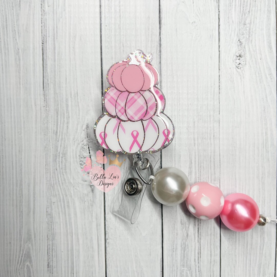 Pumpkin Badge Reel, Pink October ID Holder, Breast Cancer, Cute Badge ...