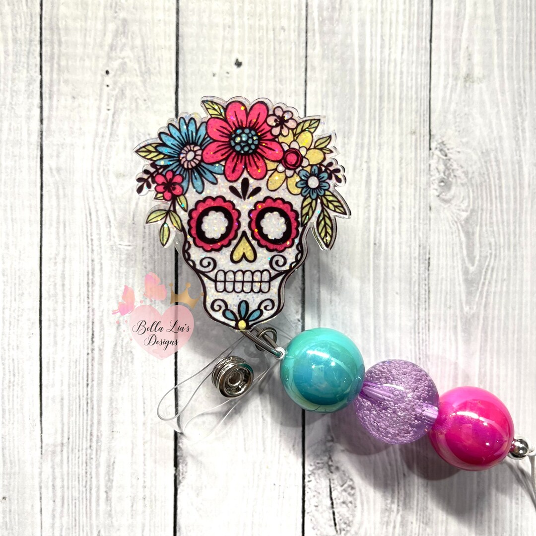 Skeleton Badge Reel, Sugar Skull Retractable Badge Holder, Floral ...