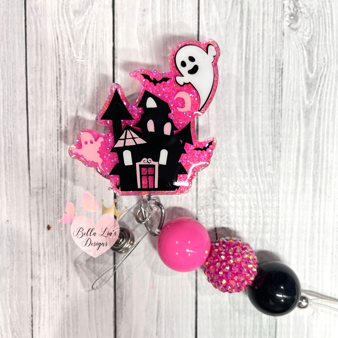 Haunted House Badge Reel Pink Halloween Badge Holder - Etsy