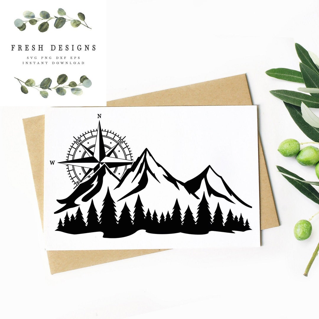 Compass and Mountains Svg, Compass and Forest Svg, Nature Svg ...