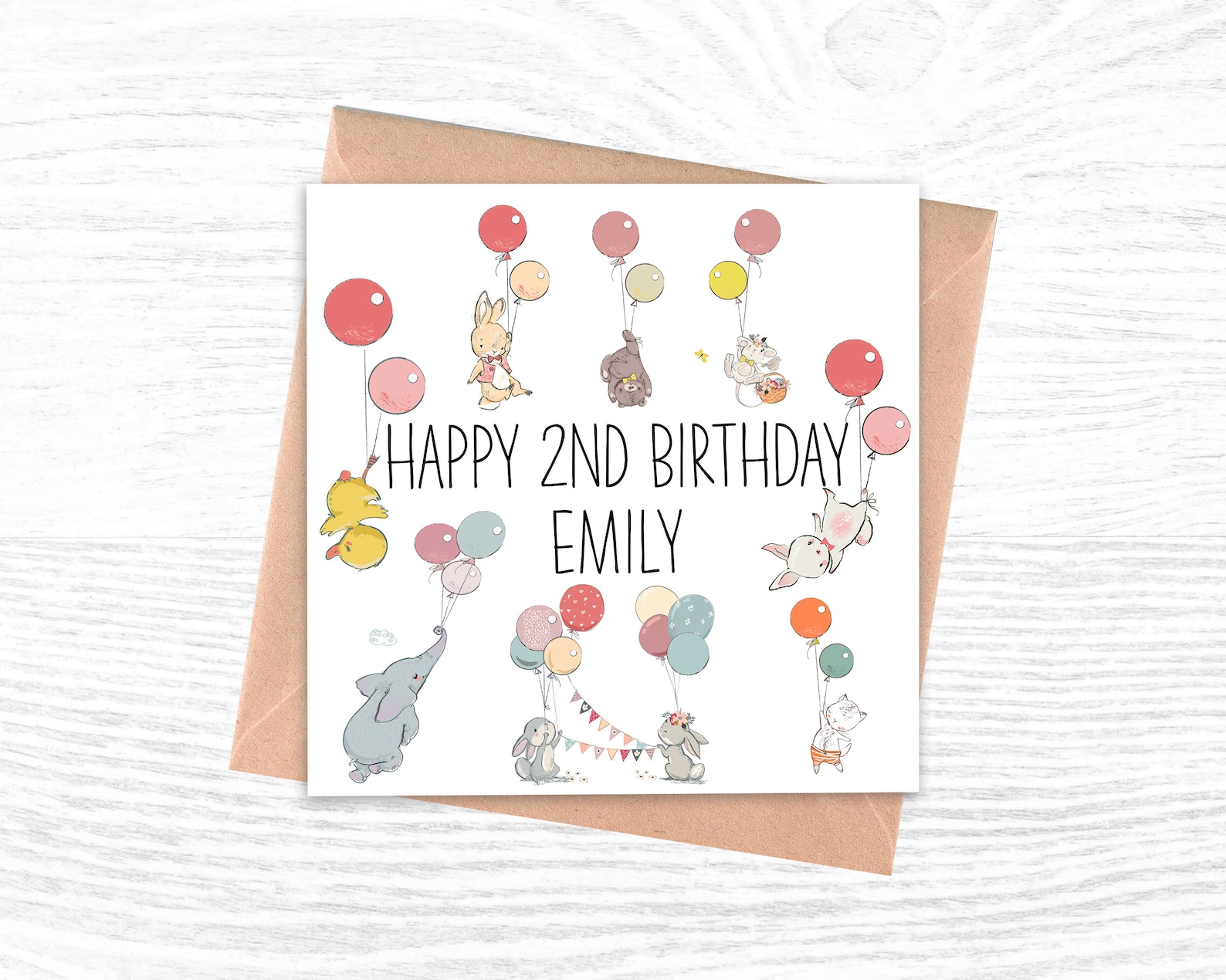Personalized 2nd Birthday Card | Watercolor Animals & Balloons - Etsy