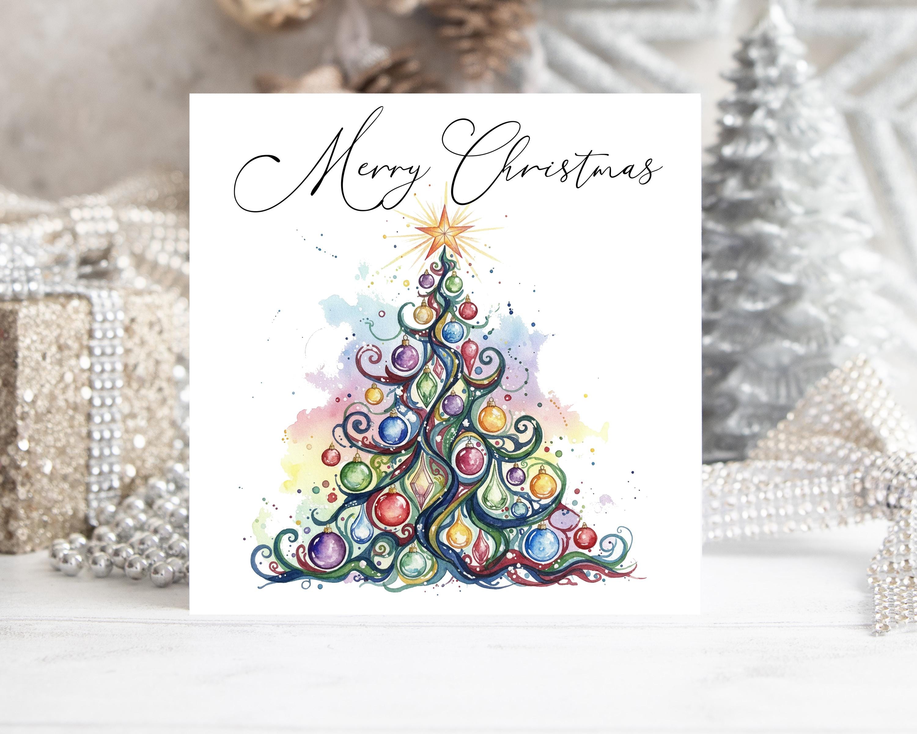 Watercolour Bauble Christmas Tree Card, 6x6 Square Holiday Card ...