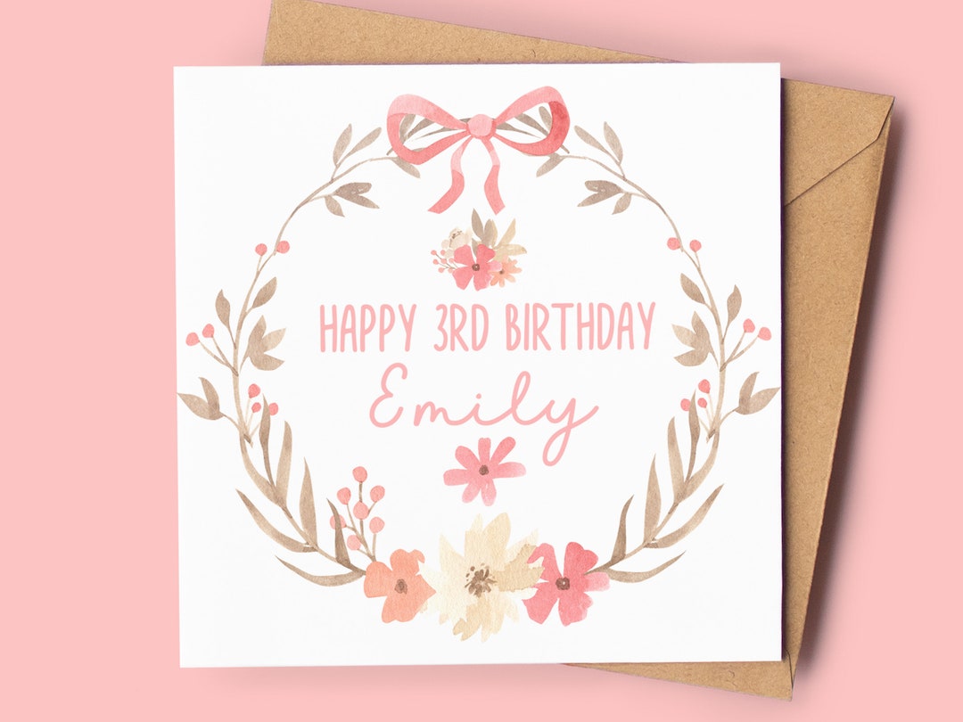 Personalised 3rd Birthday Card | 3rd Birthday Card | Floral Wreath ...