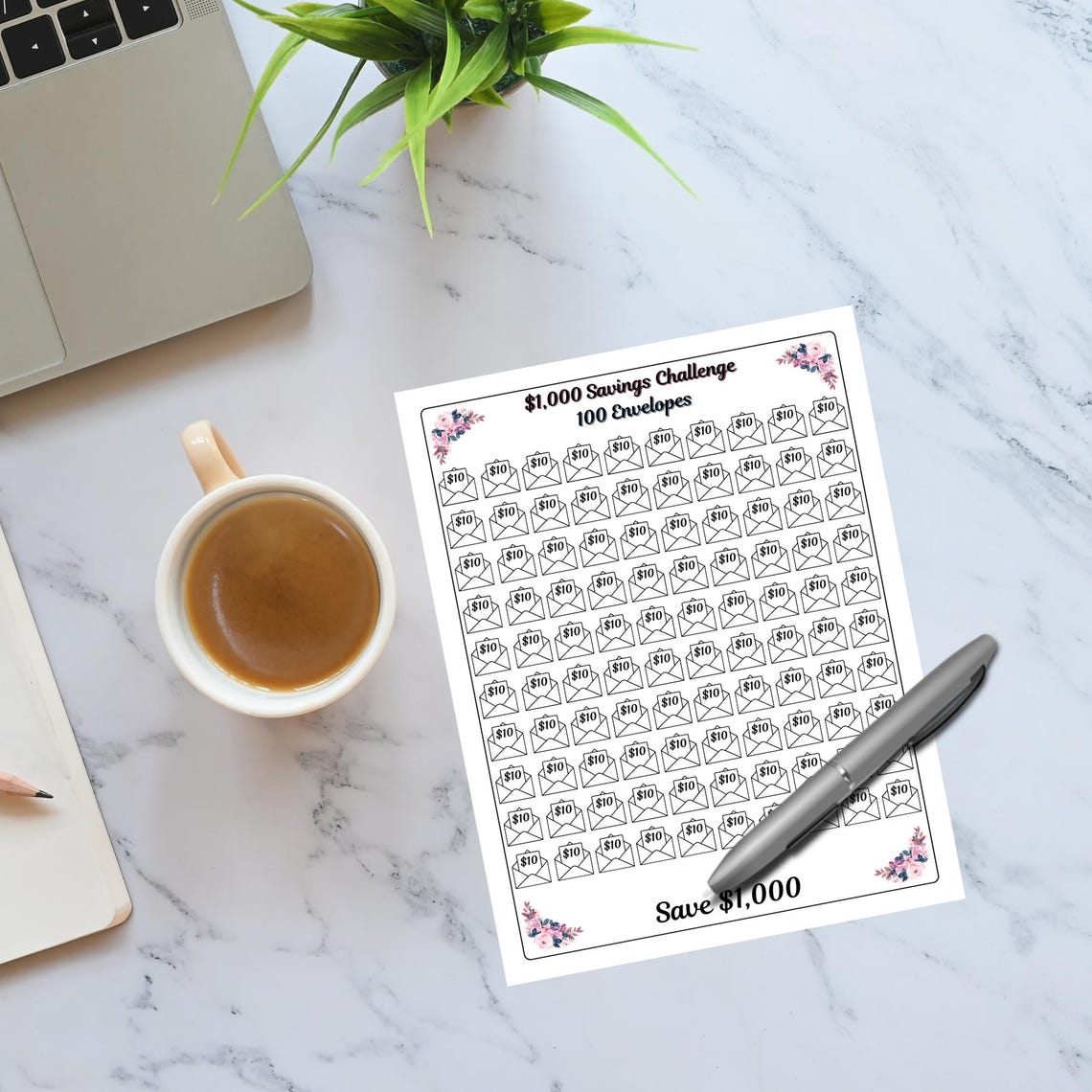 Floral 1K Dollar Savings Challenge Printable, 100 Envelope Savings ...