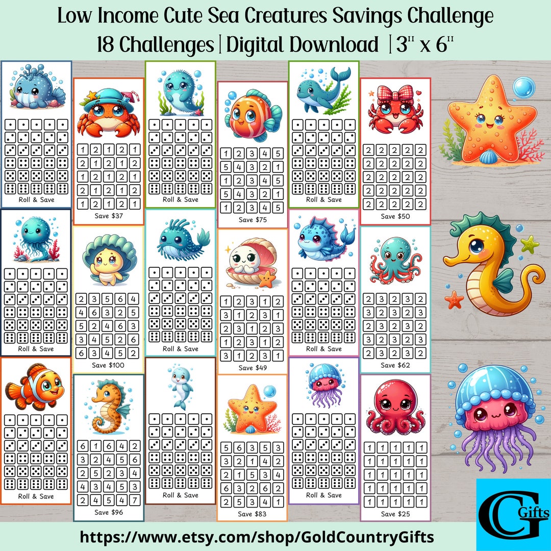 Low Income Cute Sea Creatures Savings Challenge Printable, Savings ...