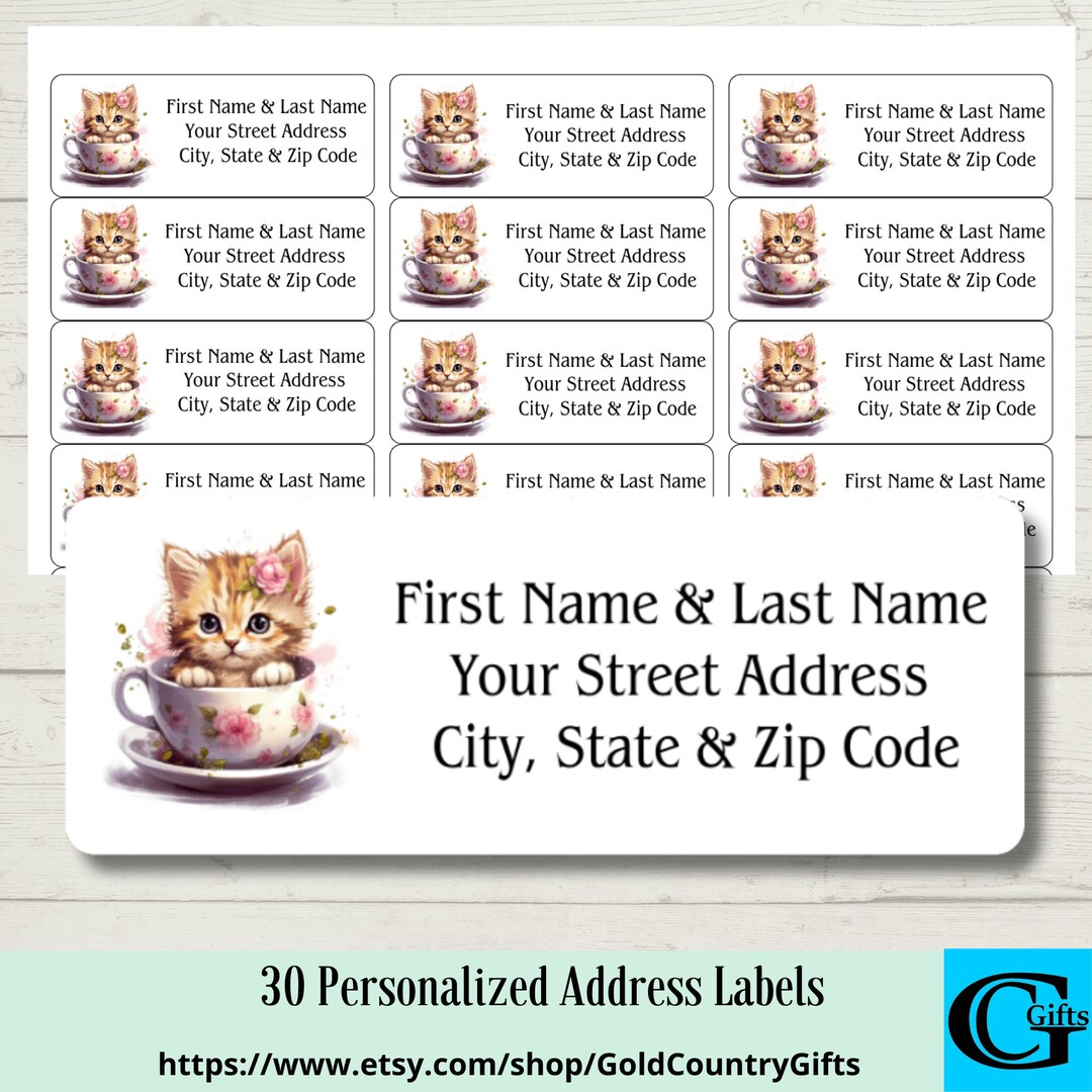 Personalized Address Labels, Kitten in a Teacup Return Address Labels ...