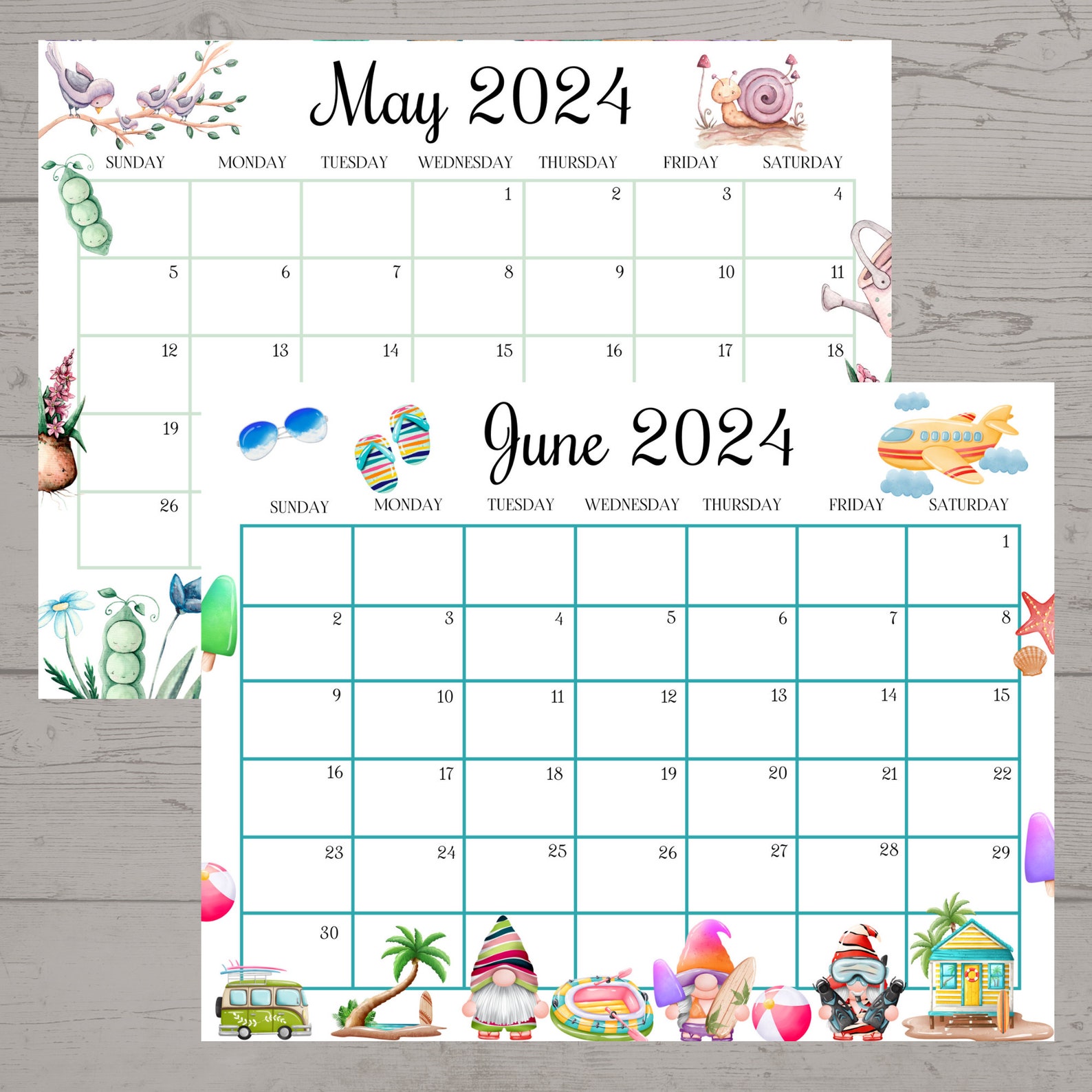 2024 Printable Calendars, Printable Kids Calendars, Watercolor ...