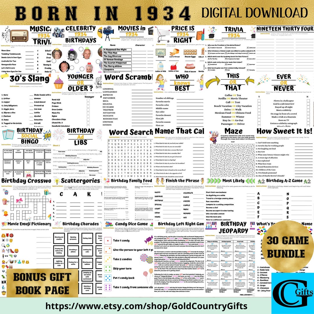 Printable Birthday Party Games, Born in 1934 Games, 30 Game Bundle ...