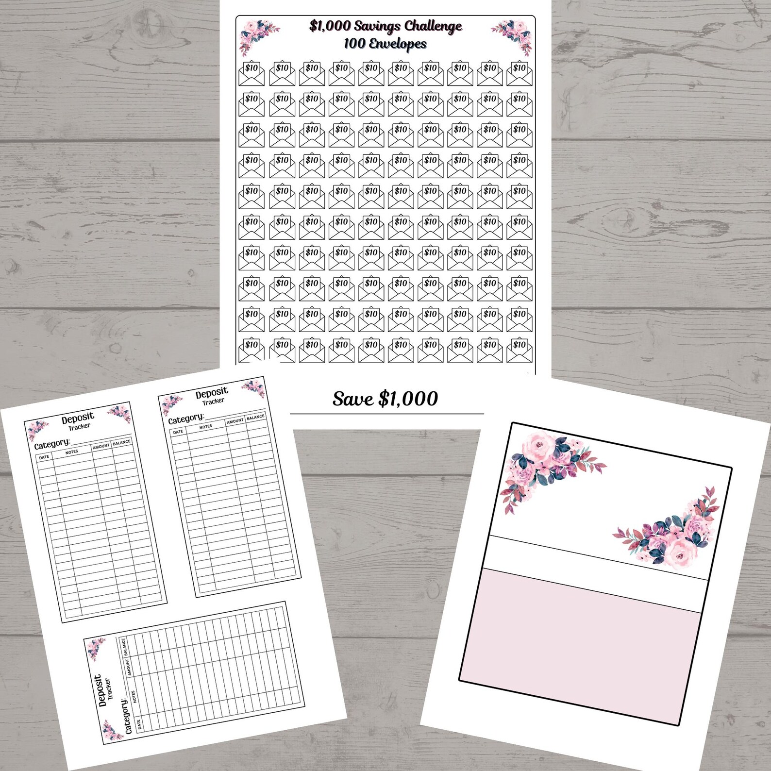 Floral 1K Dollar Savings Challenge Printable, 100 Envelope Savings ...